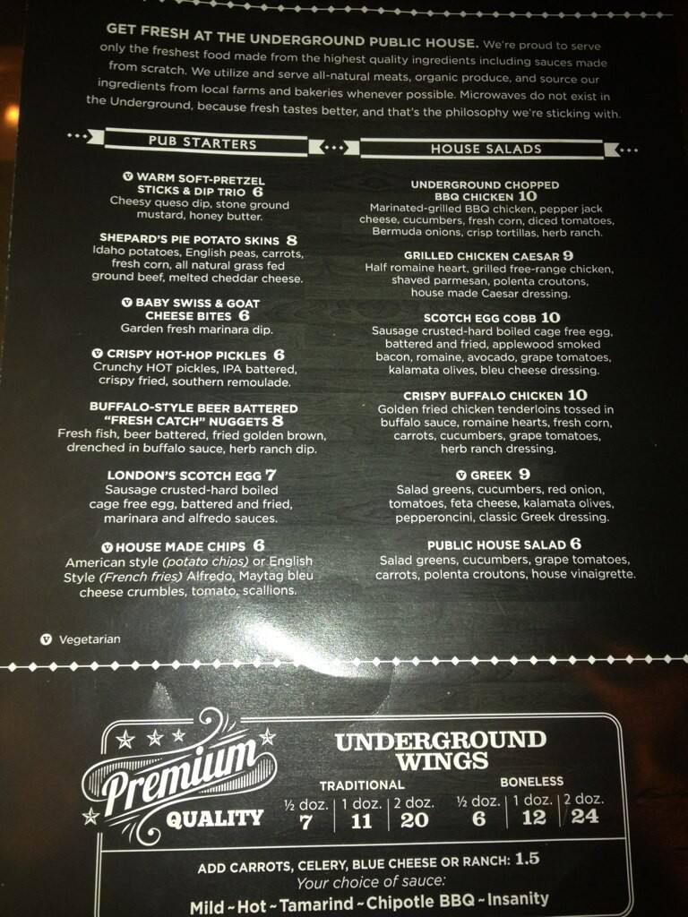 Menu at Underground Public House, Orlando