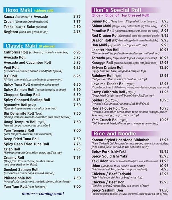 Menu at Sushi Hon restaurant, Sylvan Lake
