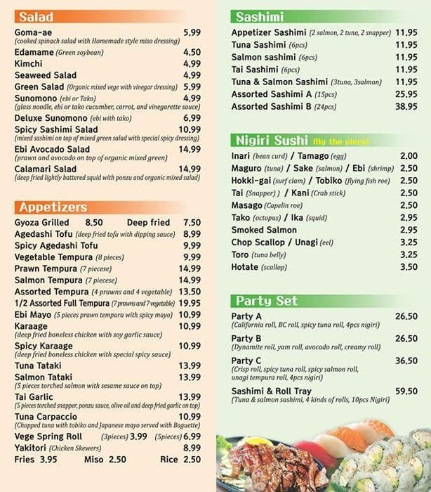 Menu at Sushi Hon restaurant, Sylvan Lake