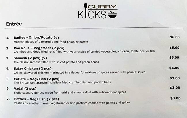Menu at Curry Kicks restaurant, Greensborough