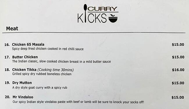 Menu at Curry Kicks restaurant, Greensborough