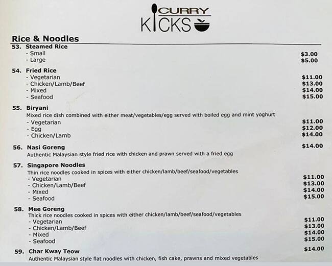 Menu at Curry Kicks restaurant, Greensborough