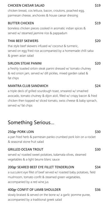 Menu at Tales Bar, Surfers Paradise