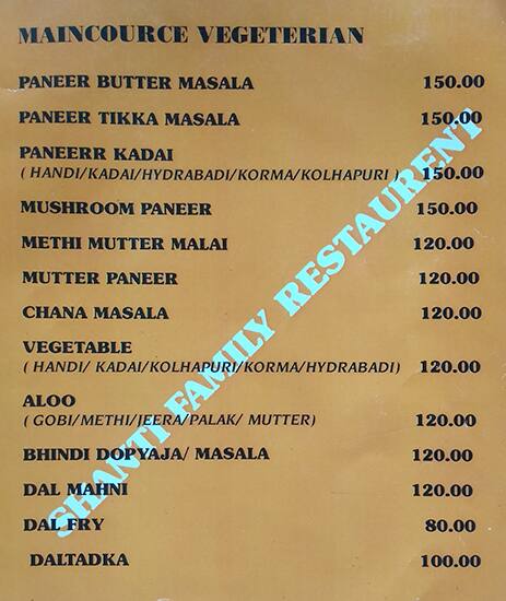 Menu at Shanti Family Restaurant, Colva