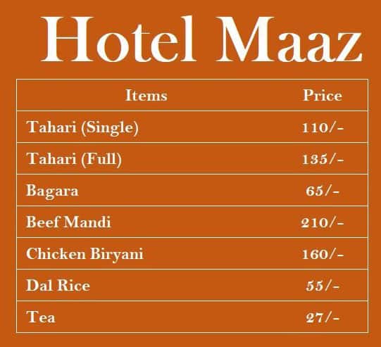 Menu of Hotel Maaz, Masab Tank, Hyderabad