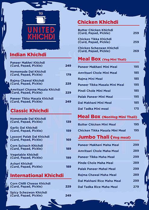 Menu of United Khichdi, Near Andheri East Station, Mumbai