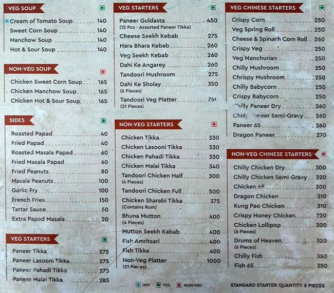 Menu of Singh Saab, Mihan, Nagpur