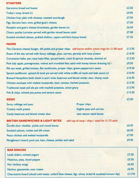 Menu at The Clarence pub & bar, London, 53 Whitehall