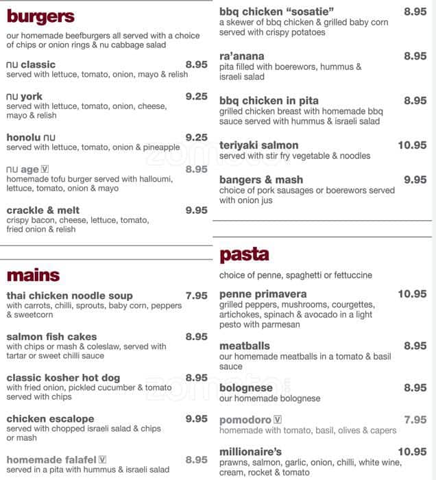 Menu at Nu Nosh cafe, London, 816 Finchley Rd