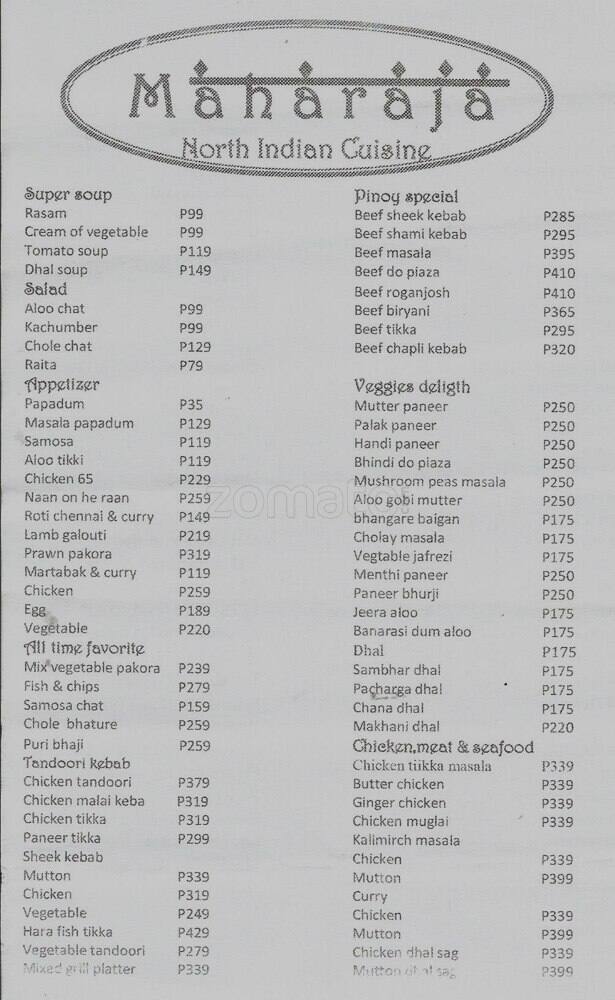 Menu at Maharaja restaurant, Las Pinas, Ground Floor