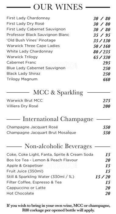 Menu at Warwick Wine Estate pub & bar, Stellenbosch