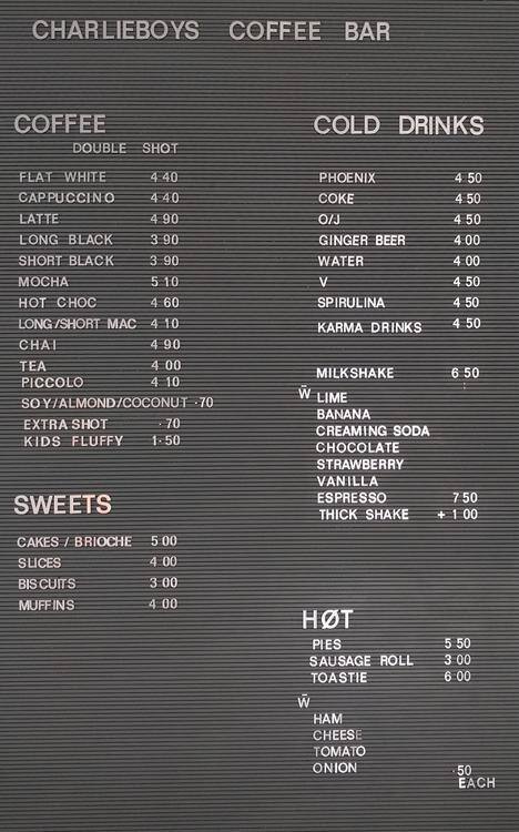 Menu at Charlie Boys Coffee Bar, Auckland