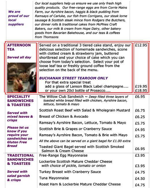 Menu at The Willow Tea Rooms pub & bar, Glasgow, 97 Buchanan St