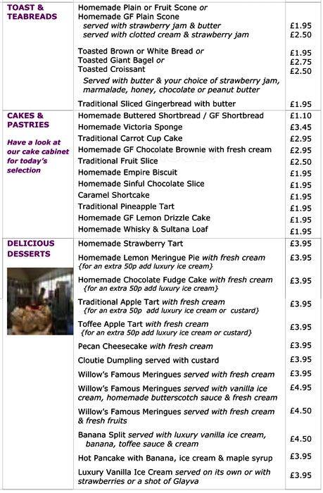 Menu at The Willow Tea Rooms pub & bar, Glasgow, 97 Buchanan St