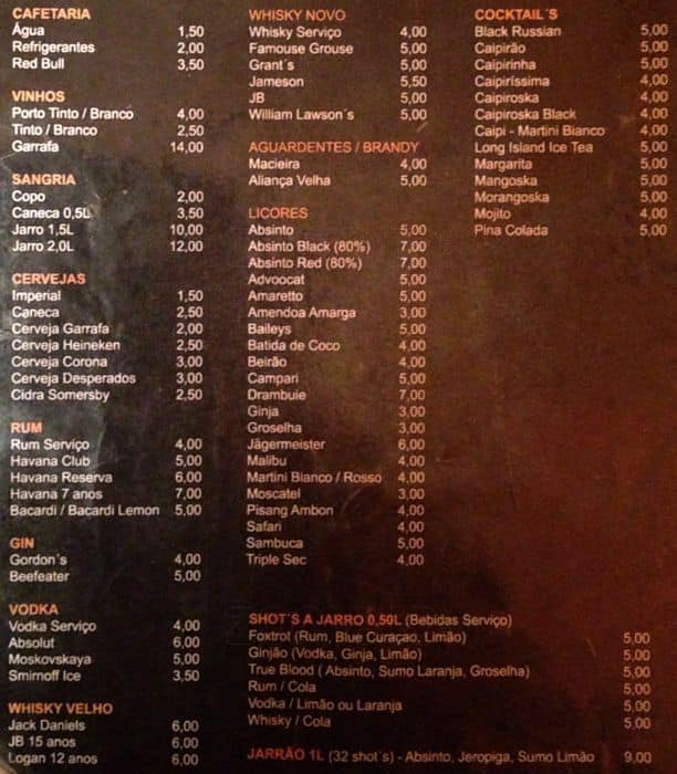 Menu at Sem Nom pub & bar, Lisbon