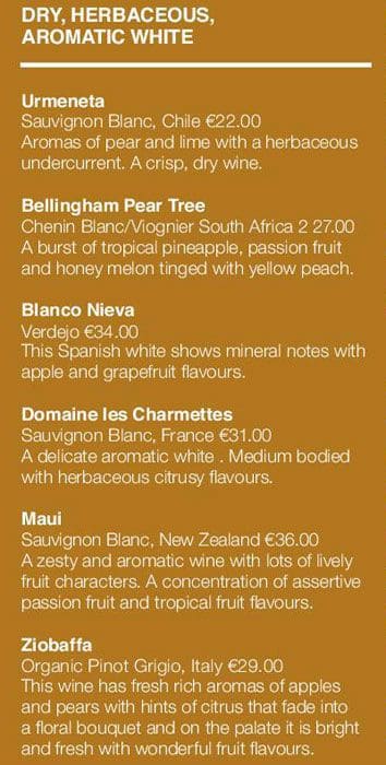 Menu at Chameleon restaurant, Dublin