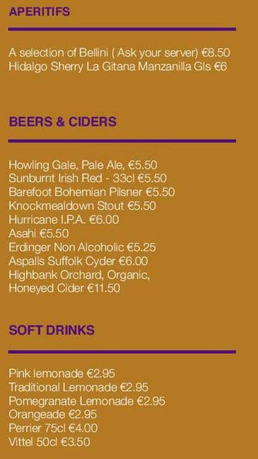 Menu at Chameleon restaurant, Dublin