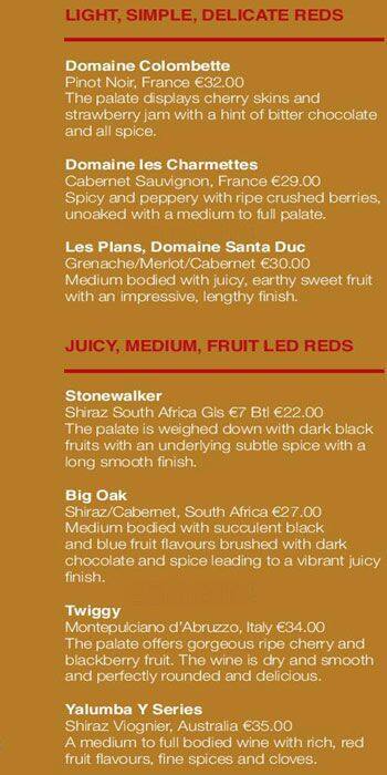 Menu at Chameleon restaurant, Dublin