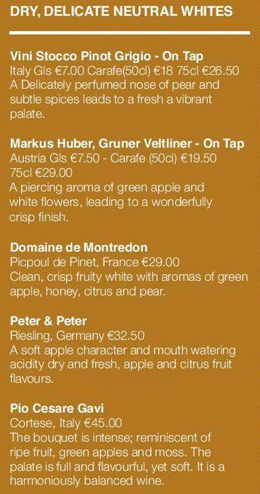 Menu at Chameleon restaurant, Dublin