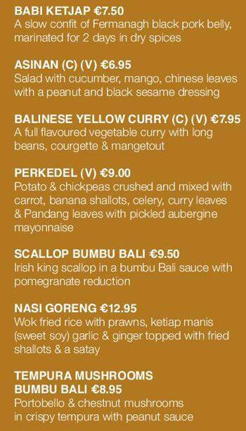 Menu at Chameleon restaurant, Dublin