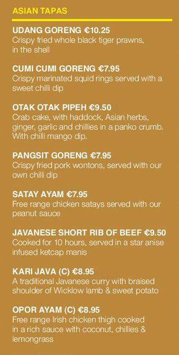 Menu at Chameleon restaurant, Dublin
