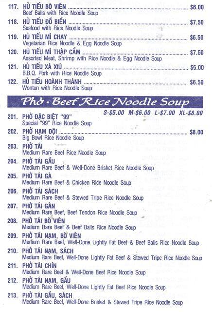 Menu at Pho Lam restaurant, Mississauga