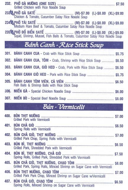 Menu at Pho Lam restaurant, Mississauga