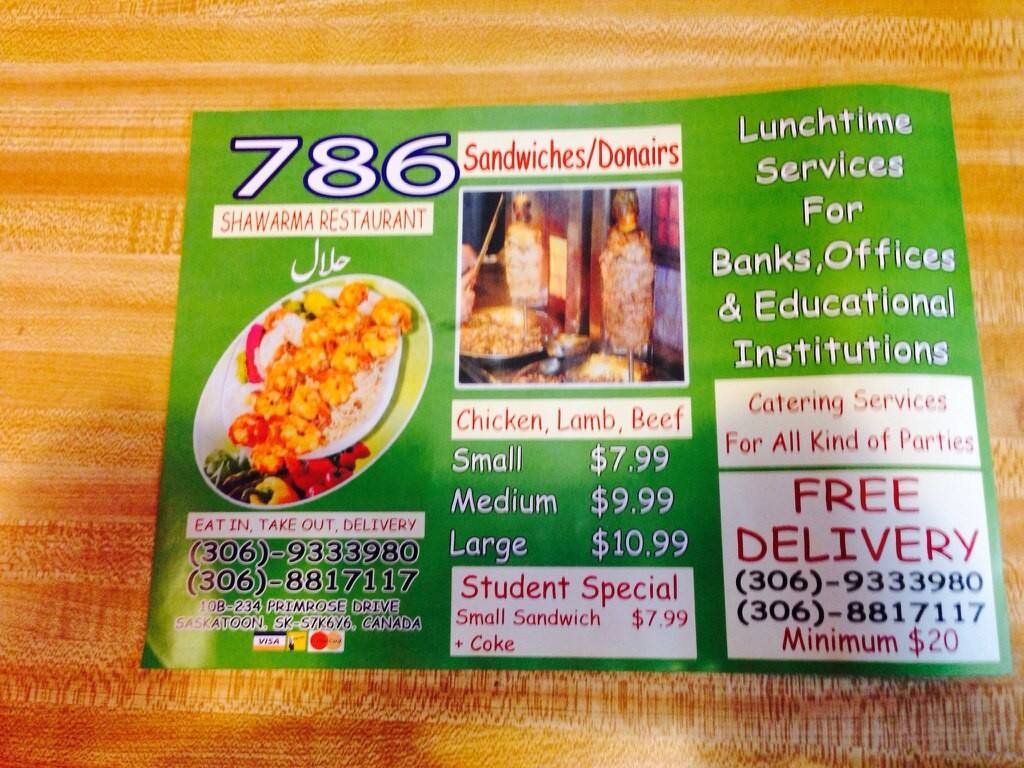 Menu at 786 Shawarma restaurant, Saskatoon