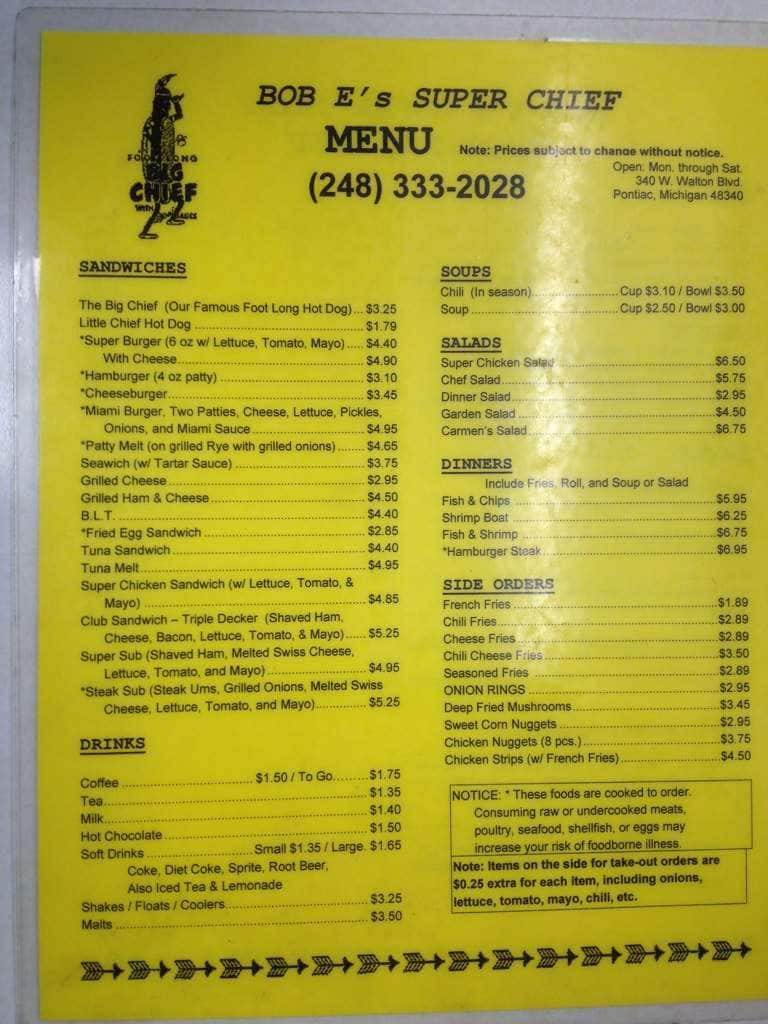 Menu at Bob E's Super Chief restaurant, Pontiac