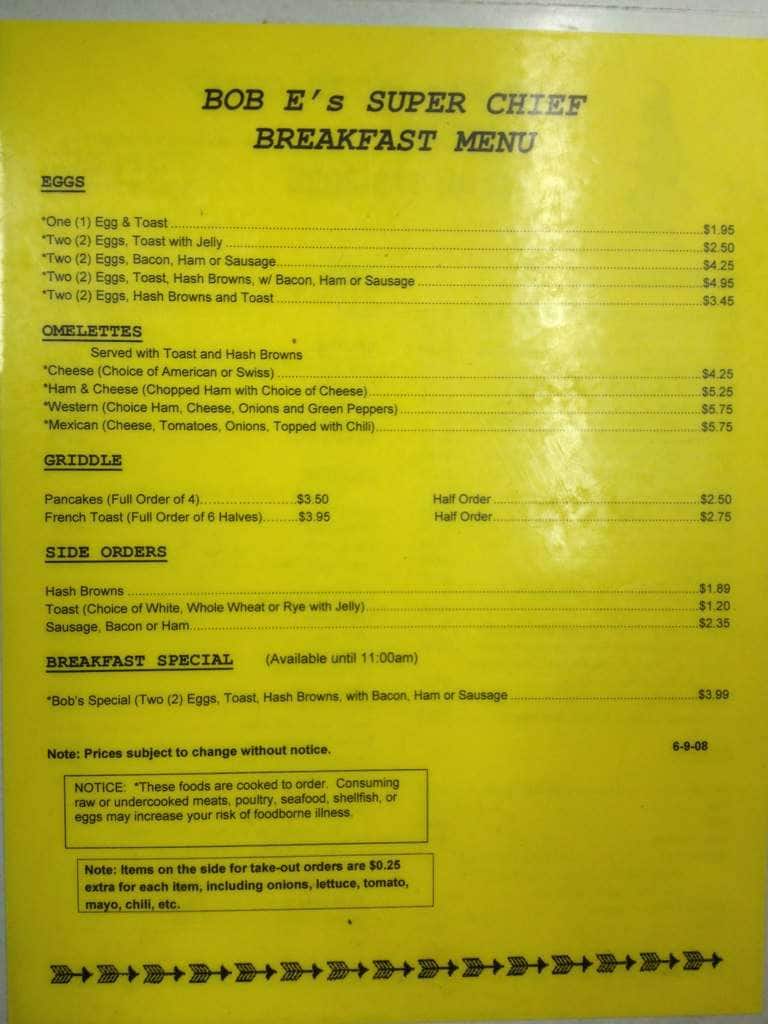 Menu at Bob E's Super Chief restaurant, Pontiac