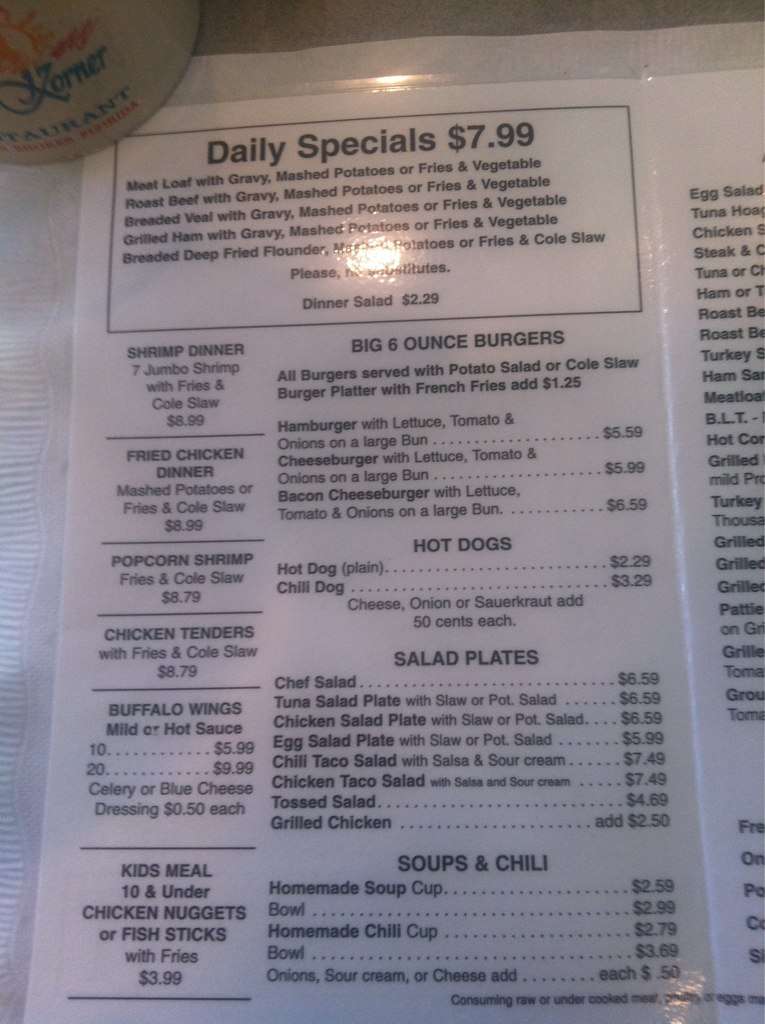 Menu at Kenny's Korner restaurant, Redington Shores