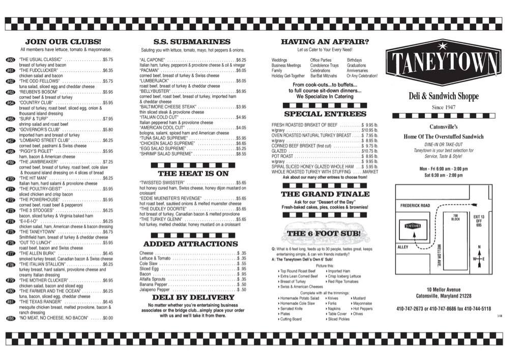 Menu at Taneytown Deli, Cockeysville