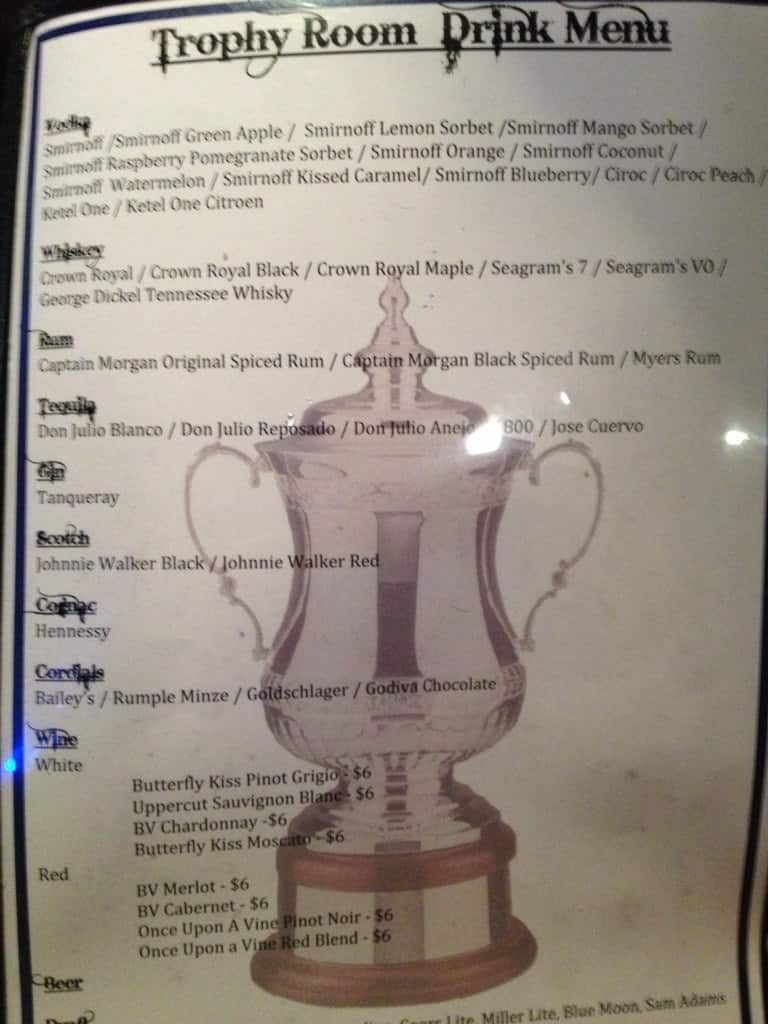 Menu at Tony's Trophy Room restaurant, Collierville