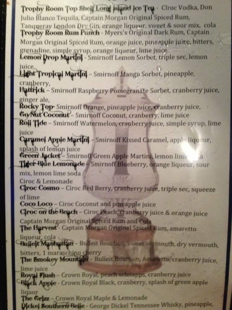 Menu at Tony's Trophy Room restaurant, Collierville