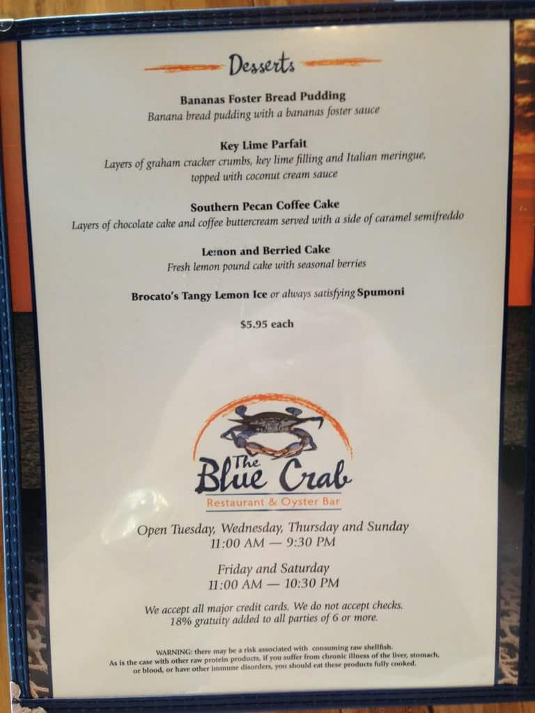 Menu at Blue Crab restaurant, New Orleans