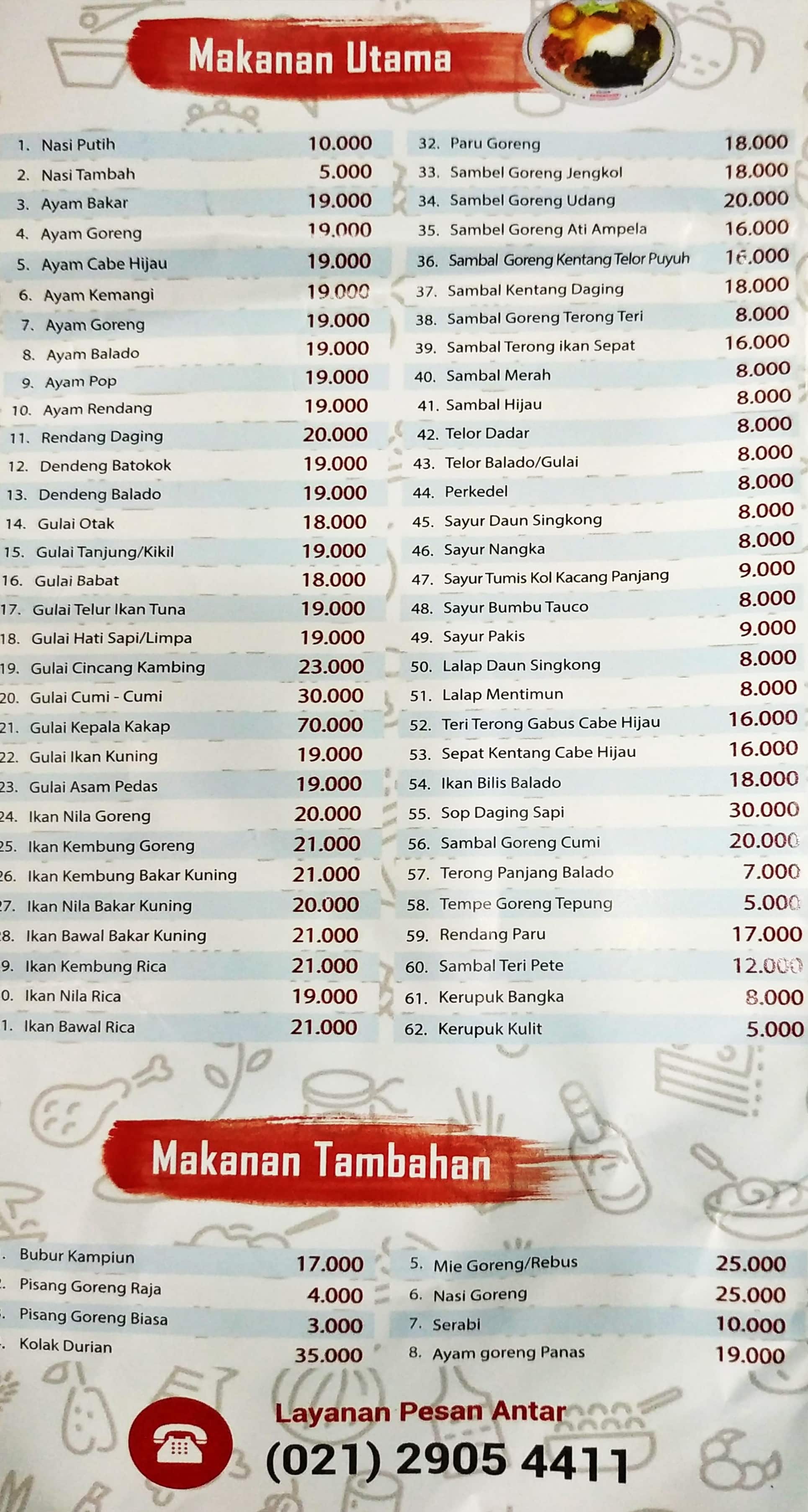 Menu at Rumah Makan Sederhana restaurant, Jakarta, Jl. Melawai 4 No.B 6 ...