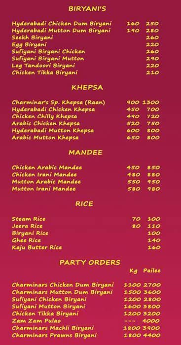 Menu at Charminar's, Mumbai