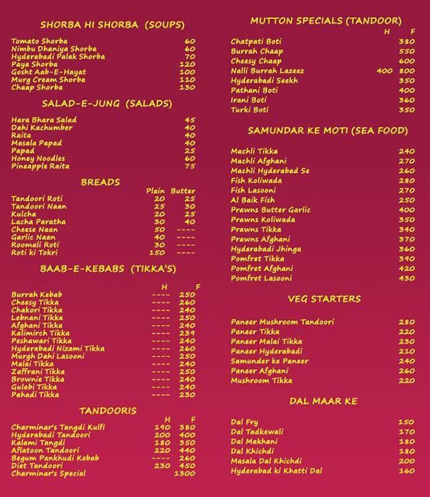 Menu at Charminar's, Mumbai