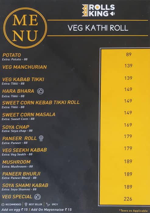 Menu of Rollsking, Banjara Hills, Hyderabad