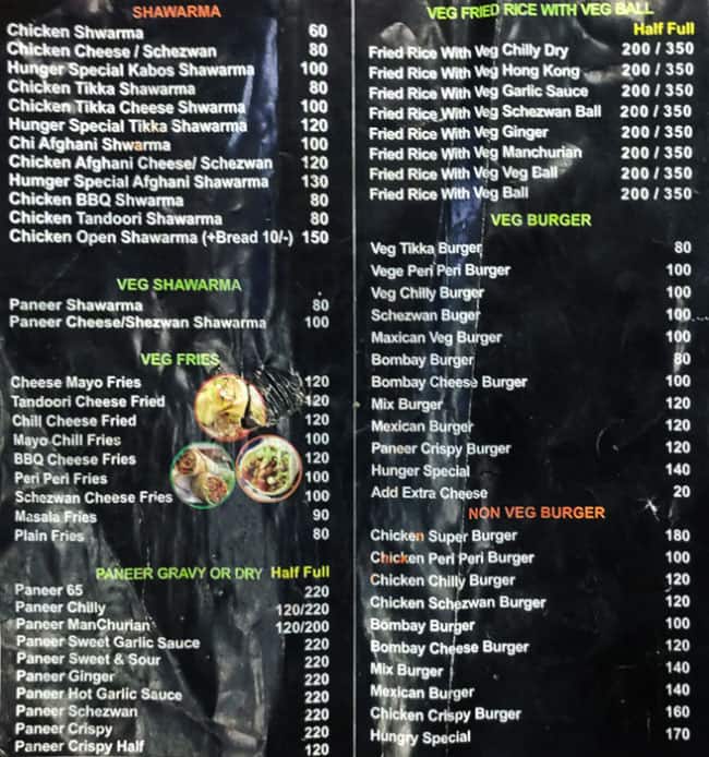 Menu of Hunger Hut, Sion, Mumbai