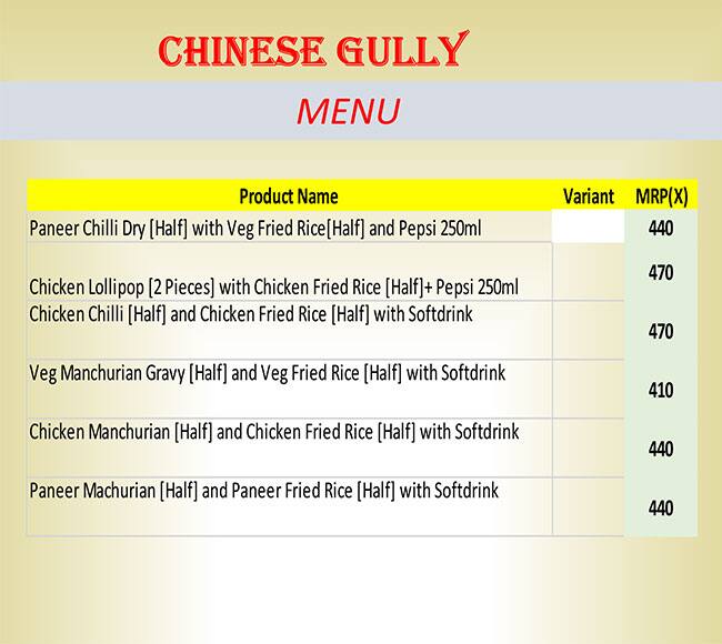 Menu of Chinese Gully, Hinjawadi, Pune