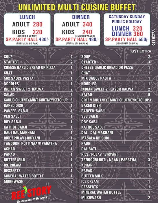 Menu of Ree Story, Thaltej, Ahmedabad