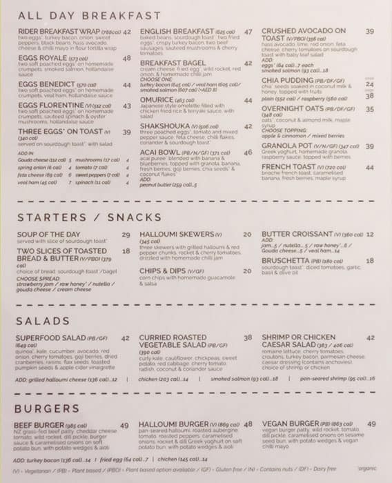 Menu of Cafe Rider, Al Quoz, Dubai