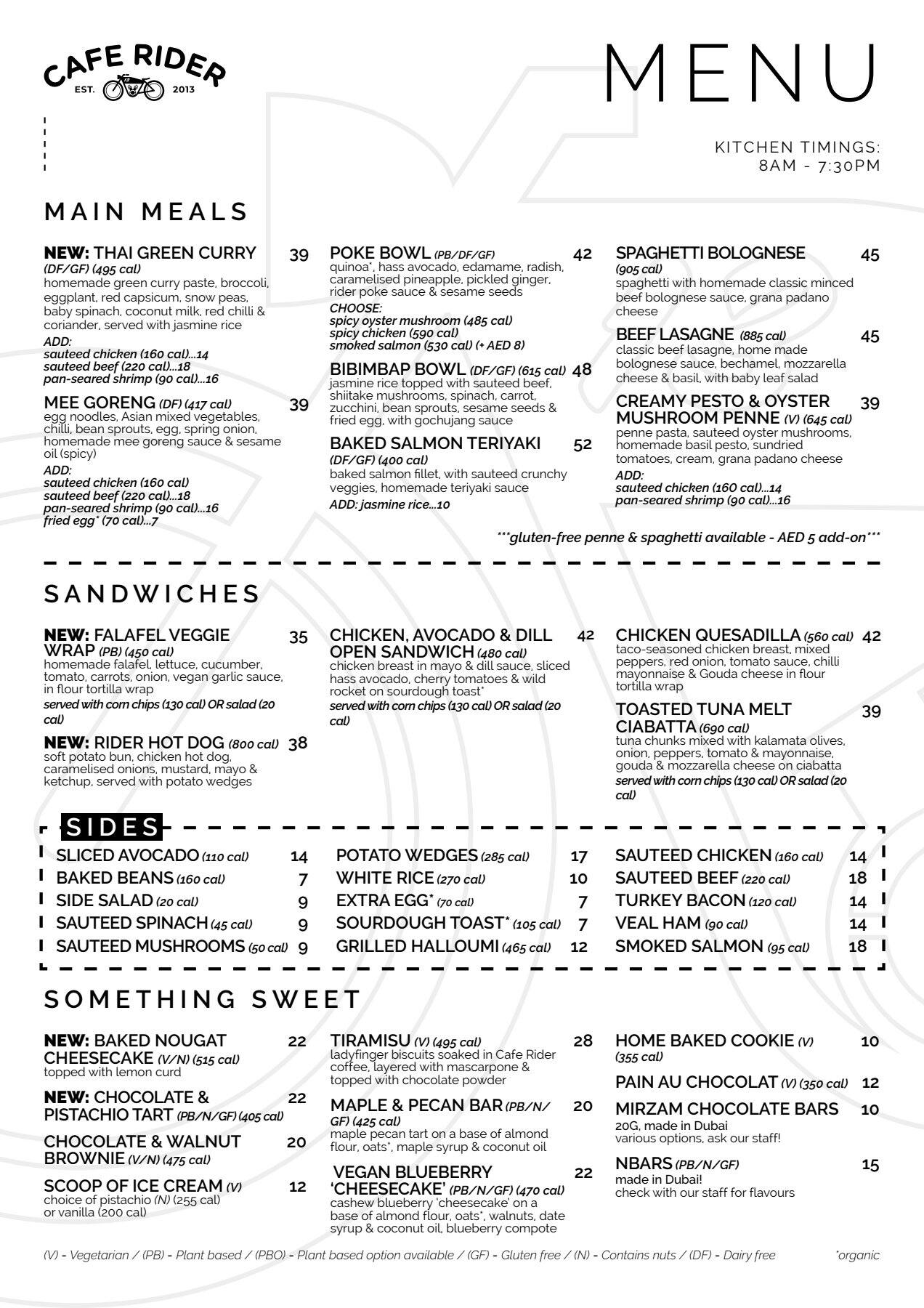 Menu of Cafe Rider, Al Quoz, Dubai