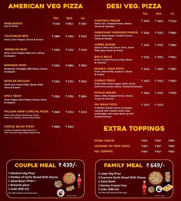 Menu of William John's Pizza, Manjalpur, Vadodara