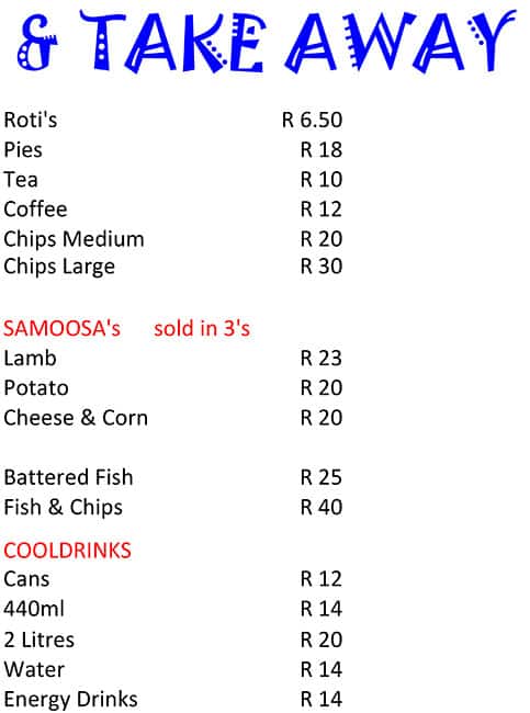 Menu at Tiffins Take Away restaurant, Edenvale