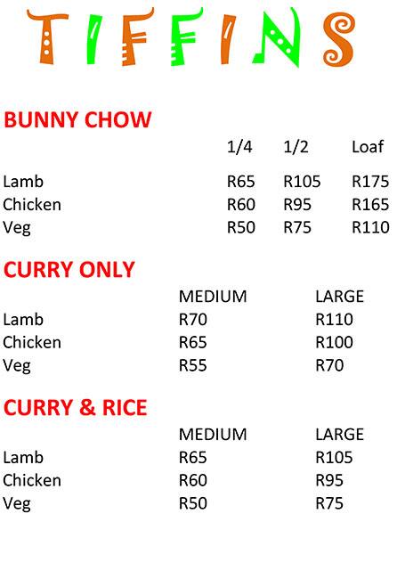 Menu at Tiffins Take Away restaurant, Edenvale