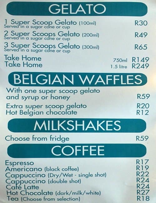 Menu at Aroma Gelato & Waffle Lounge cafe, Pretoria