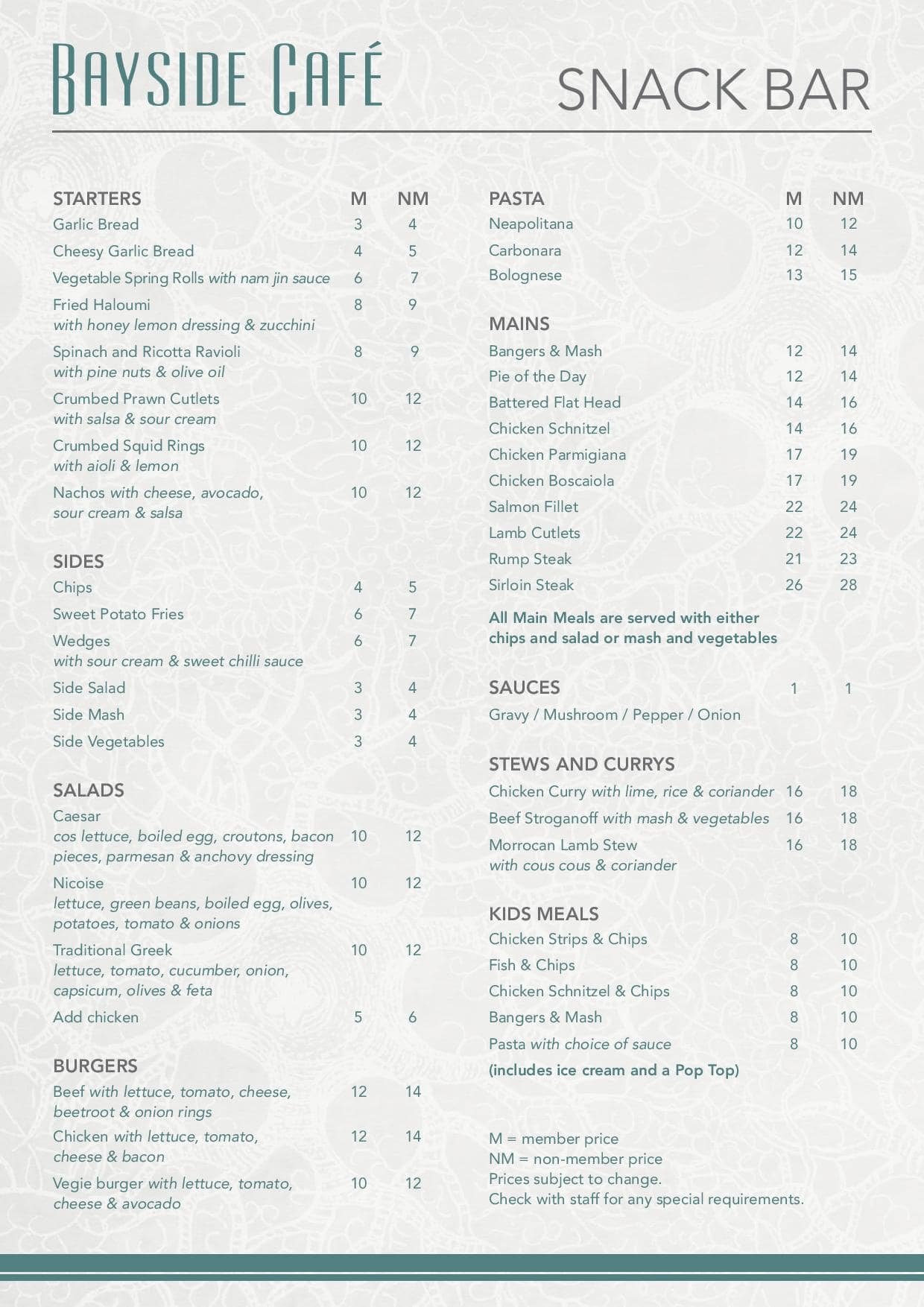 Menu at Brighton Le Sands RSL Club, Brighton-Le-Sands