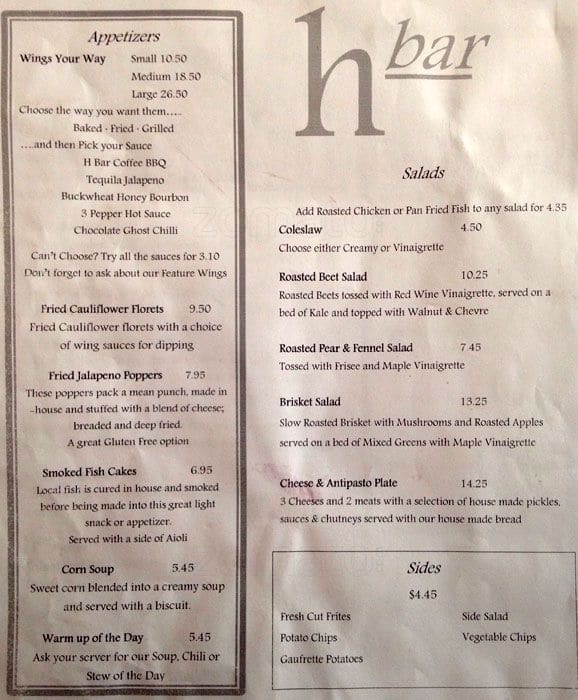 Menu at H Bar, Toronto, 859 Queen St W